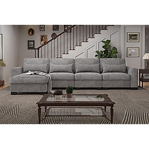 Lonkwa Modern Grey 130'' L-Shape Linen Sofa, 4 Seat Sectional Couch with 4 Pillow, Storage Ottomans, Convertible Sofa Bed for Living Room