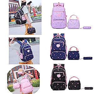 3Pcs Pretty Girls Elementary Bookbag Satchels for Primary Girls School Bag Backpack Set with Lunch Kits