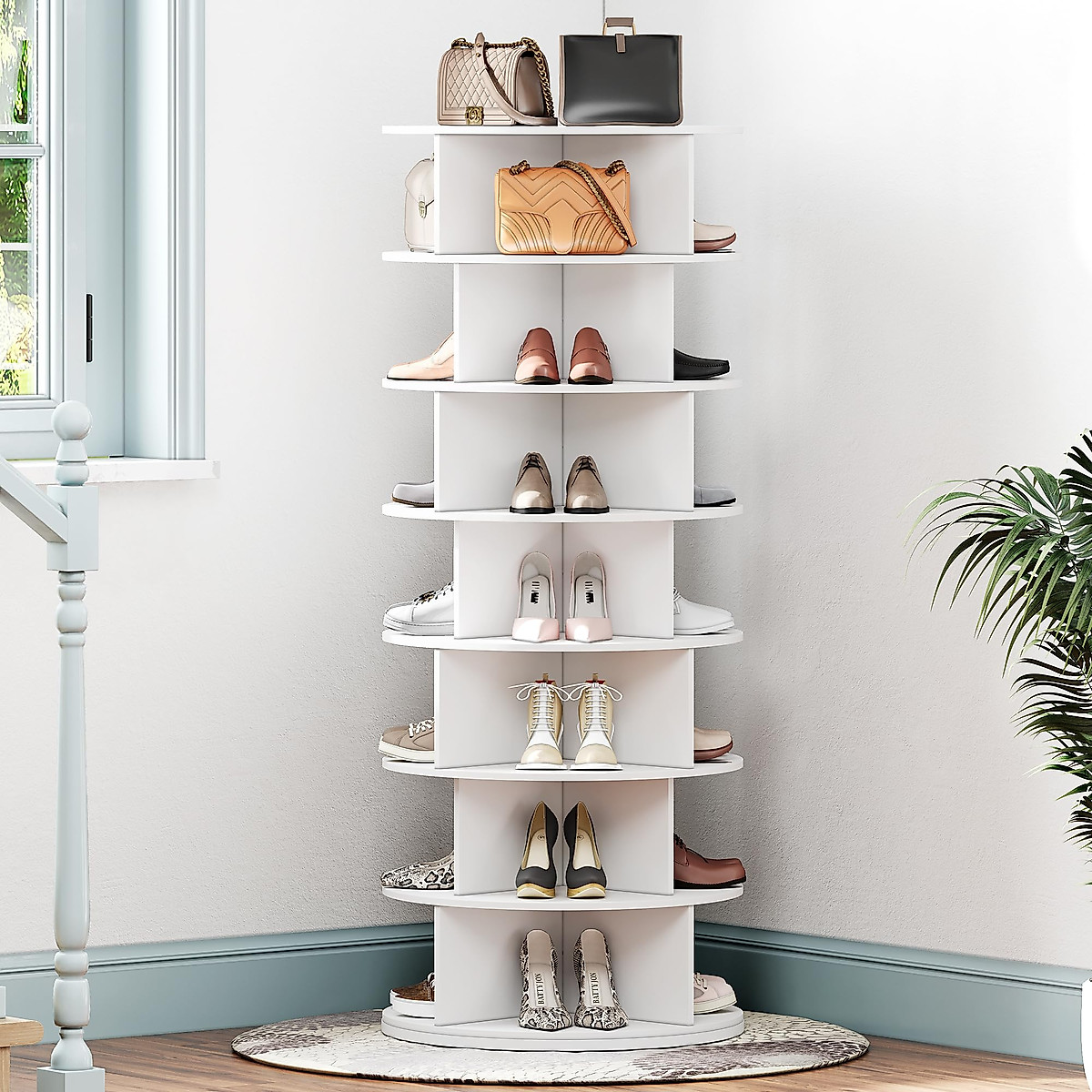 Brafab 7-Tier Rotating Shoe Rack Tower, 360-Degree Spinning Shoe Display Carousel, Revolving Vertical Shoe Shelf and Handbag Organizer Shelves for Closet Furniture, Round Lazy Susan Shoes Storage