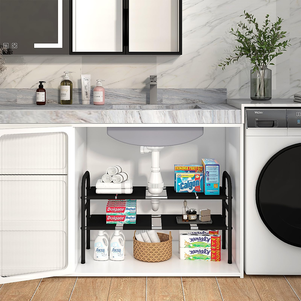 WonCherry Expandable Under Sink Organizers, 2-Tier Kitchen Bathroom Cabinet Storage Counter Shelf, Shoe Storage Rack with 8 Removable Plastic Boards for Kitchen, Bathroom, Pantry, Entryway, Closet