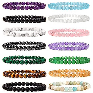 SAMOCO 14Pcs Gemstone 6mm Semi Precious Round Beaded Bracelet Set For Women Men Healing Crystal Stretch Energy Stone Bead Bracelets Jewelry