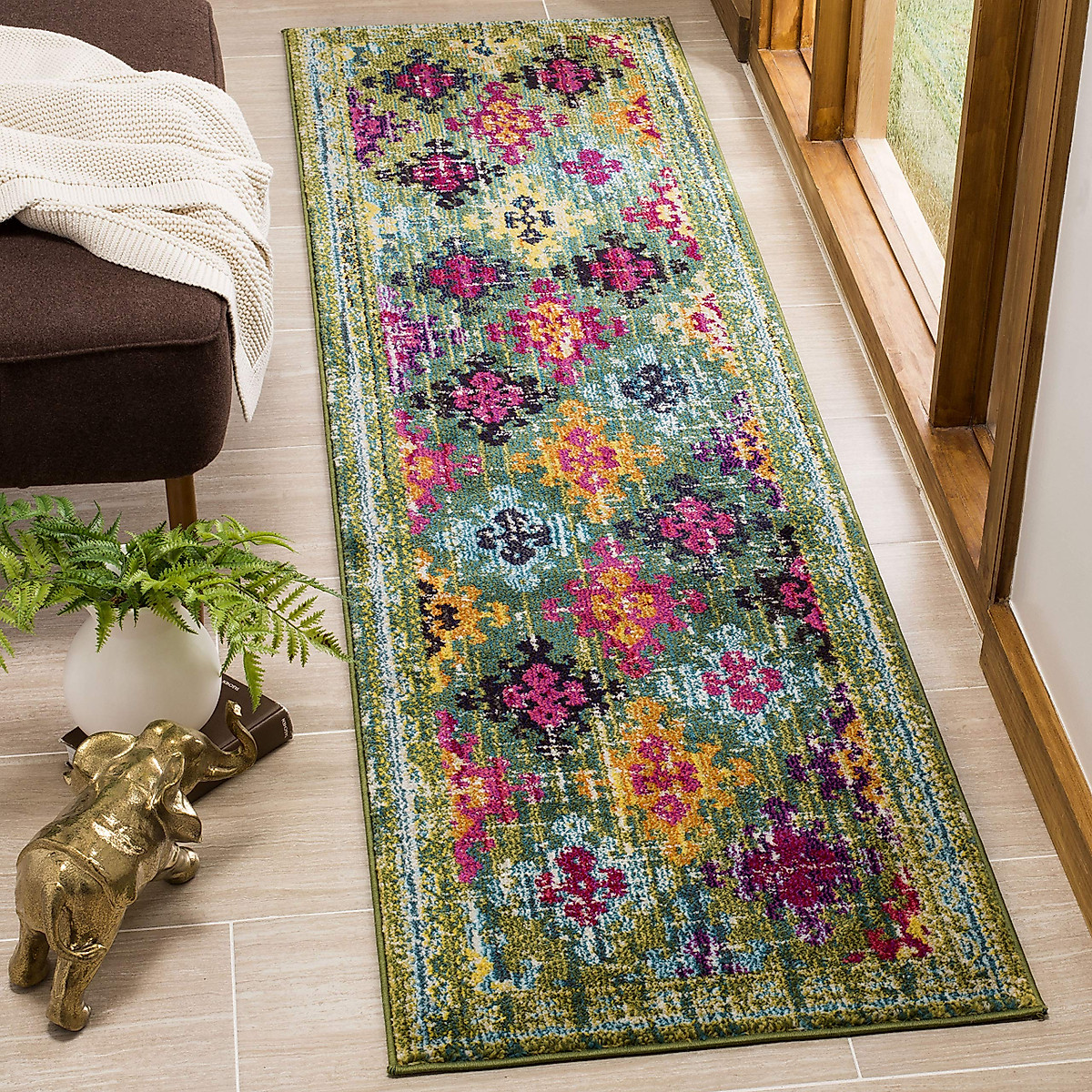 SAFAVIEH Monaco Collection Runner Rug - 2'2" x 8', Green & Multi, Boho Diamond Trellis Design, Non-Shedding & Easy Care, Ideal for High Traffic Areas in Living Room, Bedroom (MNC244G)