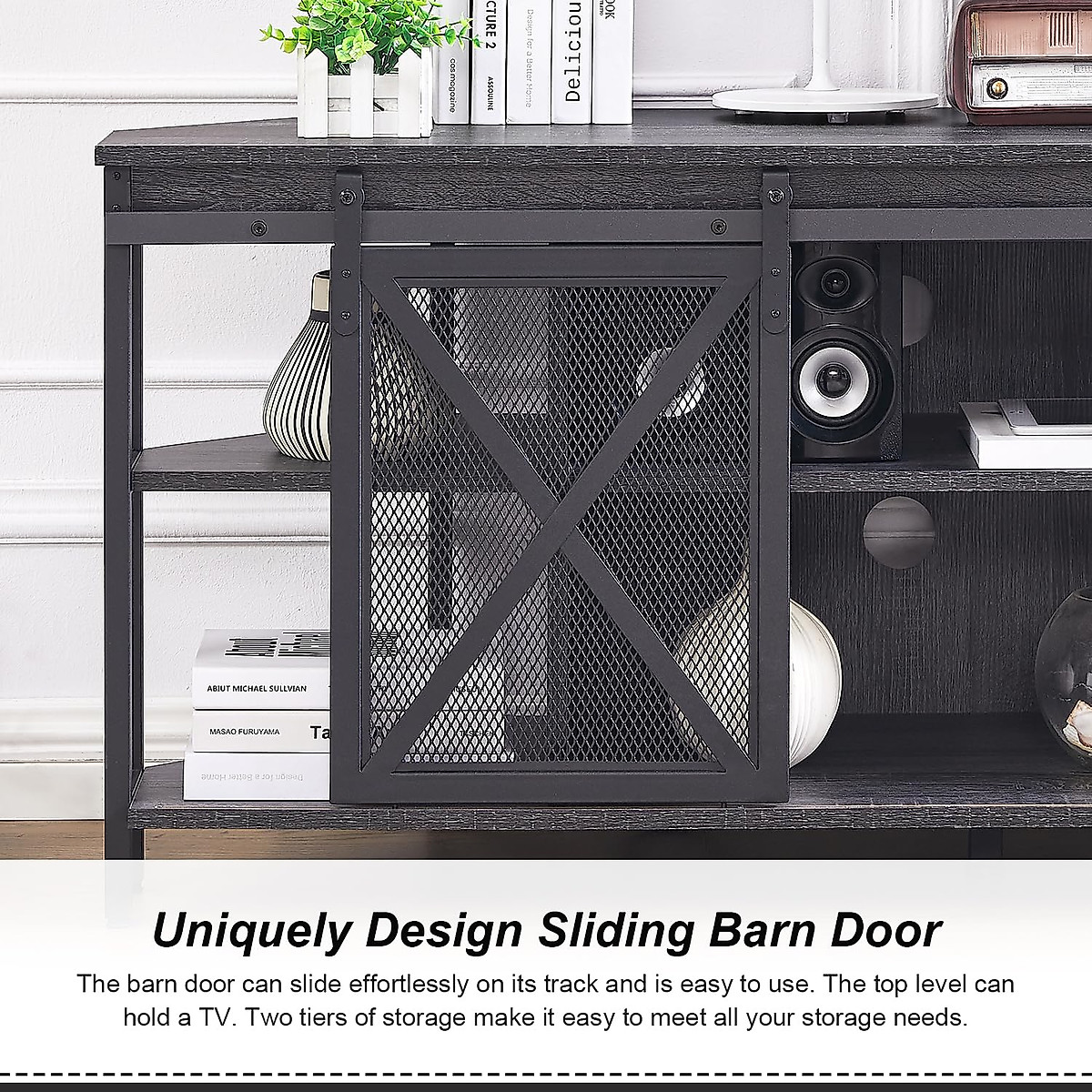 HOMISSUE Corner TV Stand for 55 Inch TV, Rustic Corner Entertainment Center with Storage, Industrial Media Console Table with Sliding Barn Door, Entertainment Center for Living Room, Grey