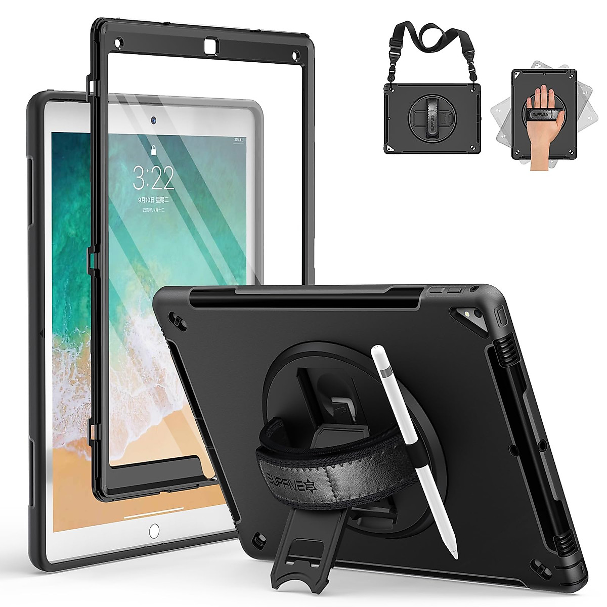 SUPFIVES Case iPad Pro 12.9 2015/2017: iPad 12.9 Inch 1st/ 2nd Generation Case Upgraded Military Grade Shockproof Silicone Protector with Pencil Holder+ Handle+ Shoulder Strap+ Rotating stand, Black