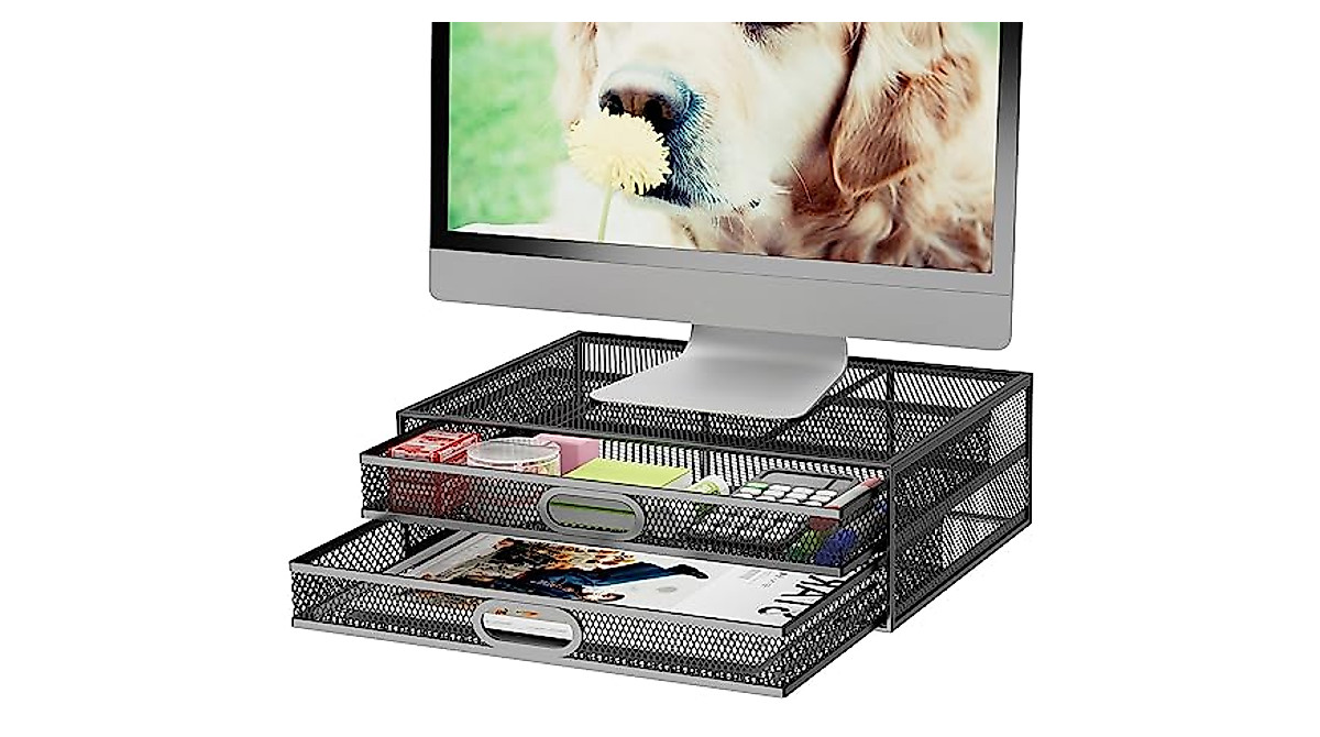 Monitor Stand Riser with Drawer - Metal Mesh Desk Organizer with Dual ...