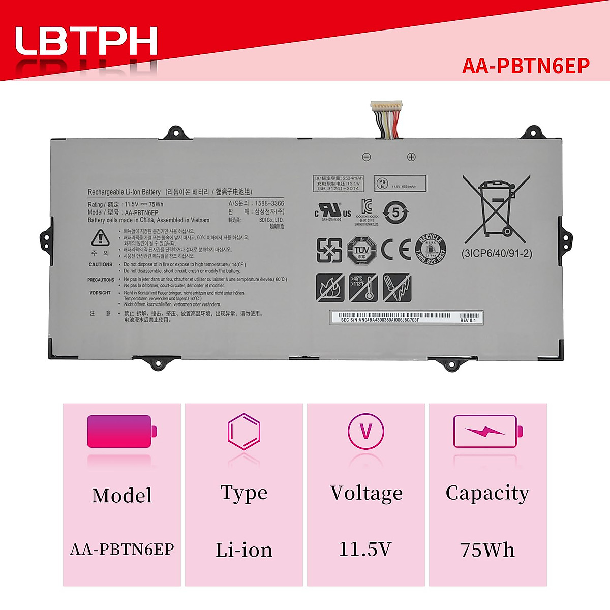 LBTECH AA-PBTN6EP 3ICP6/40/91-2 11.5V 75Wh Battery for Samsung 900X5T 900X5T-X01 900X5T-X02 900X5T-X05 900X5T-X78L Notebook 9 2018 NP900X5T NP900X5T-X01US NP900X5T NP900X5T-X05CN Series