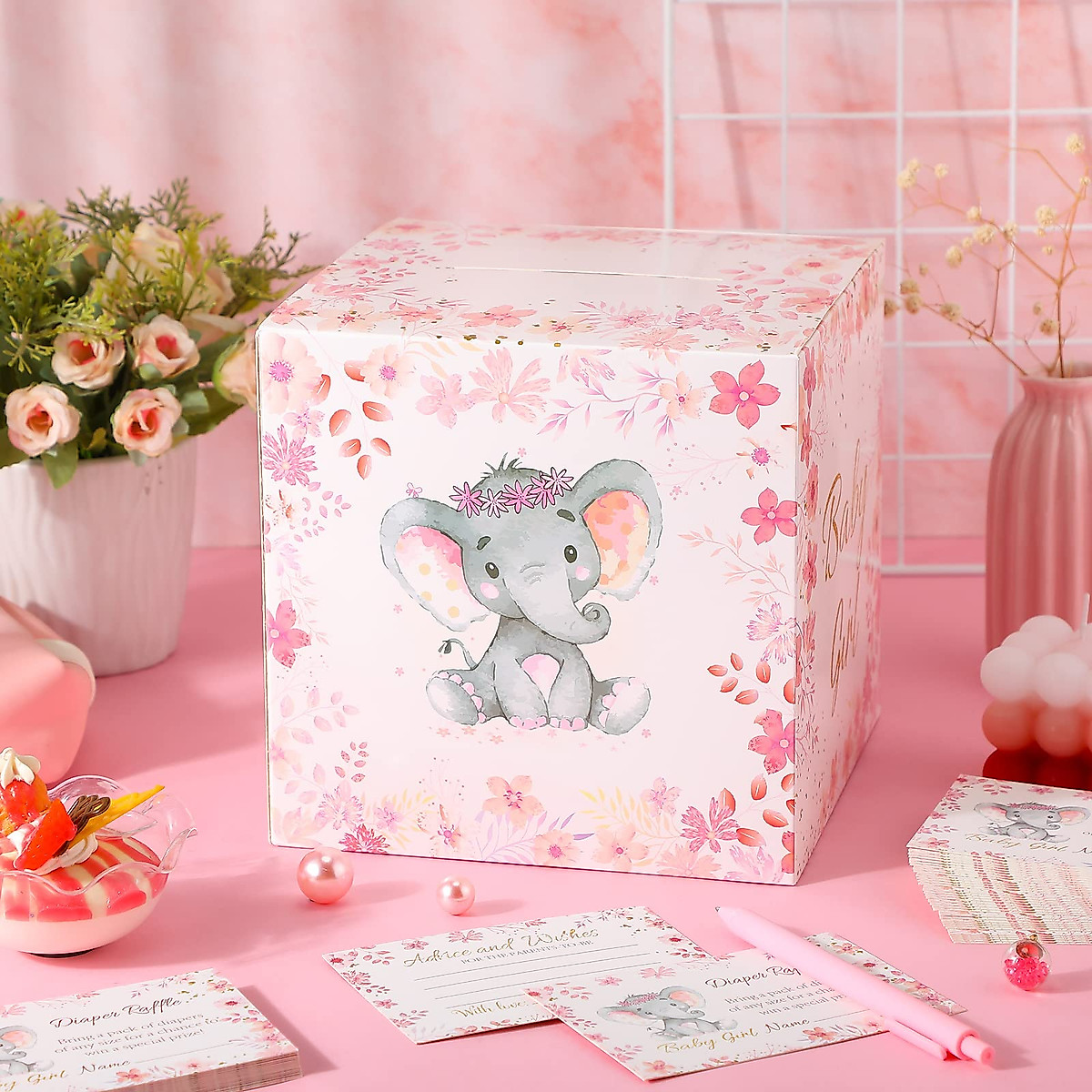 50 Pcs Elephant Diaper Raffle Tickets with Baby Shower Holder Box Baby Party Decorations Diaper Raffle Box Baby Shower Card Girl Elephant Game Insert Card for Baby Party Diaper Raffle Game
