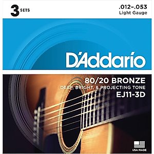 D'Addario EJ11-3D Acoustic Strings 80/20 Bronze 12-53 Light 3-Pack