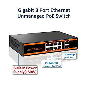 Unmanaged 8 Port Gigabit PoE+ Switch with 2 Gigabit Uplink,802.3af/at Compliant,150W Built-in Power, Metal Plug and Play