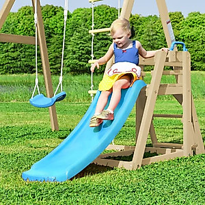 Kiriner Wooden Swing Set with Slide, Outdoor Playset Backyard Activity Playground Climb Swing Outdoor Play Structure for Toddlers, Ready to Assemble Wooden Swing-N-Slide Set Kids Climbers Natural