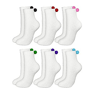 6 Pairs Women Pom Pom Socks with Balls Fuzzy Fluffy Socks for Women Winter Slipper Socks Crew Socks Stocking Stuffer Gifts (White)