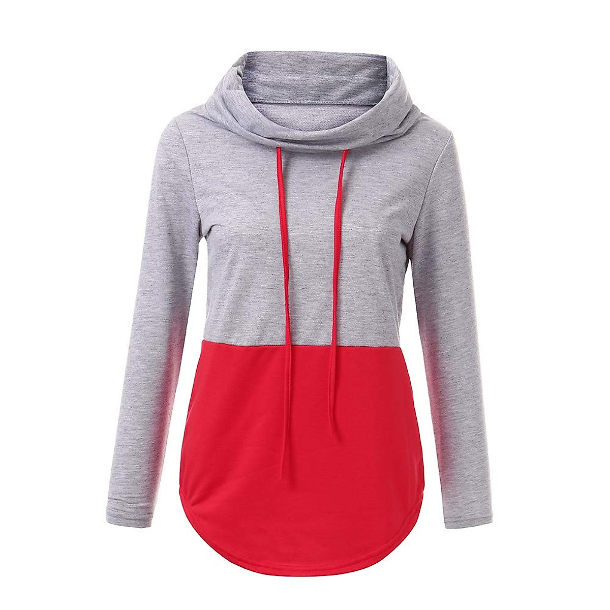 Women Cowl Neck Color Block Long Sleeve Tunic Sweatshirt Pullover Tops Turtleneck Patchwork Shirt Blouse Top Red