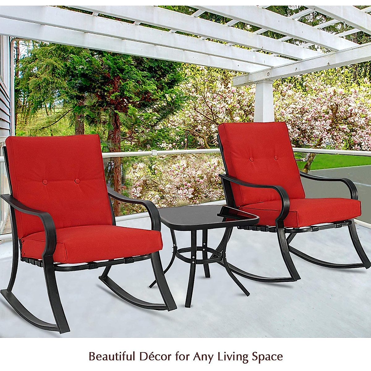 Betterland Outdoor 3-Piece Rocking Chairs Patio Bistro Sets, Glass-Top Coffee Table & Black Metal ​Patio Furniture with Thickened Cushions (Red)