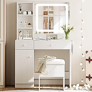 LIKIMIO Vanity Desk with Drawers & LED Lighted Mirror & Power Outlet & Cabinet, Storage Stool, Stylish Bedroom Makeup Table Set, White