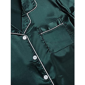 DIDK Women's Sleepwear Satin Short Sleeve Button Front 2 Piece Pajama Set Dark Green L