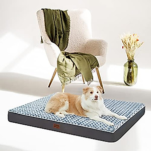 Dog Bed Mats for Large Big Dog - Orthopedic Dog Pet Durable Crate Bed Mattress of Thick Egg Foam Crate, Rose Plush Washable Cover, Waterproof Lining and Non-Slip Bottom(L(36''x27''x3''), Grey Side)