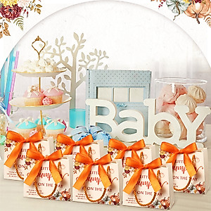 Kolldenn 50 Set Baby Shower Party Favors Thank You Gift Bags A Little Pumpkin is On the Way Gift Bags with Handles Fall Small Candy Bags with Bow Ribbon for Autumn Baby Shower Gender Reveal Party