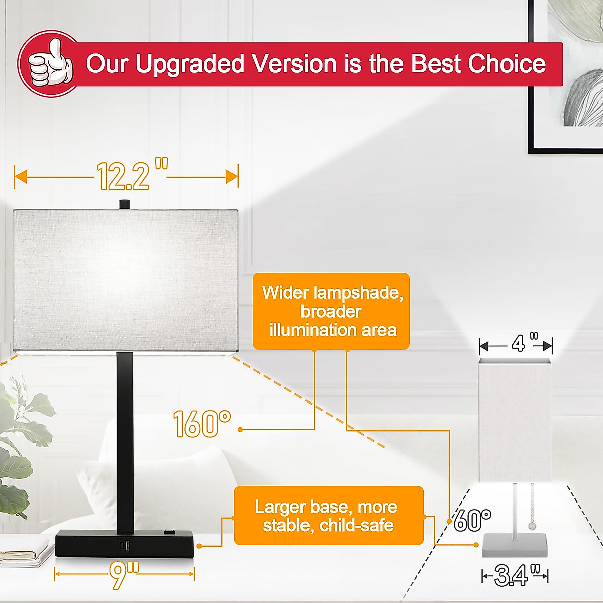 21" Set of 2 Touch Control Table Lamps with 2 USB & AC Outlets, 3-Way Dimmable Modern Nightstand Lamps for Bedroom Living Room Office Reading, Gray Shade Bedside Lamps, 5000K LED Bulbs Included