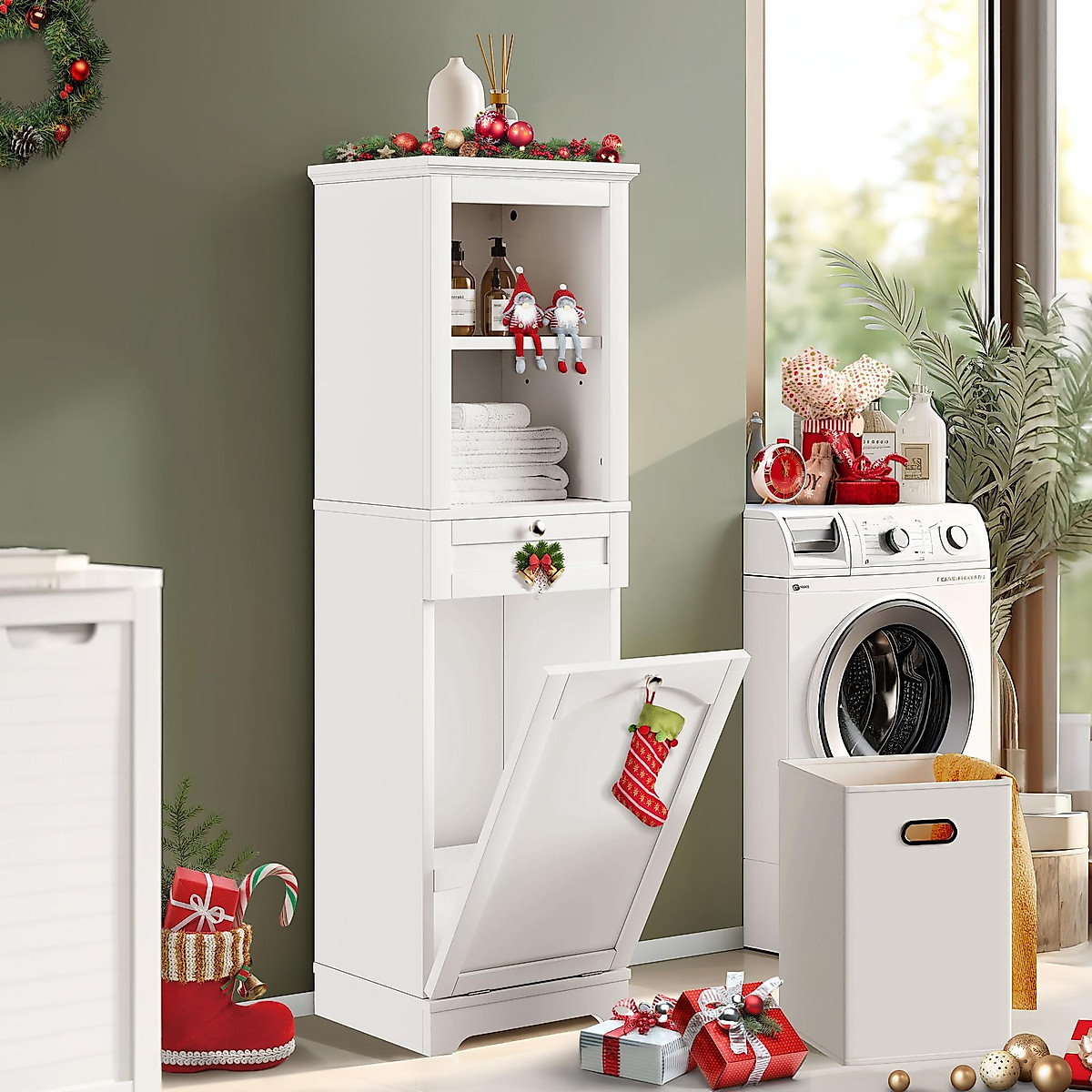 YITAHOME 53" Tall Tilt Out Laundry Hamper Cabinet Hidden Laundry Hamper with Storage Laundry Basket Cabinet with Drawer Bathroom Storage Cabinet Shelf with a Clothes Basket, White