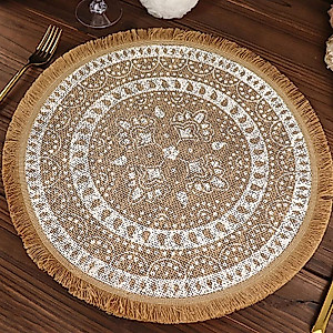 BalsaCircle 4 Natural 15 in Round Woven Burlap Jute Placemats White Print Fringe Trim Wedding Party Event Home Decorations Supplies