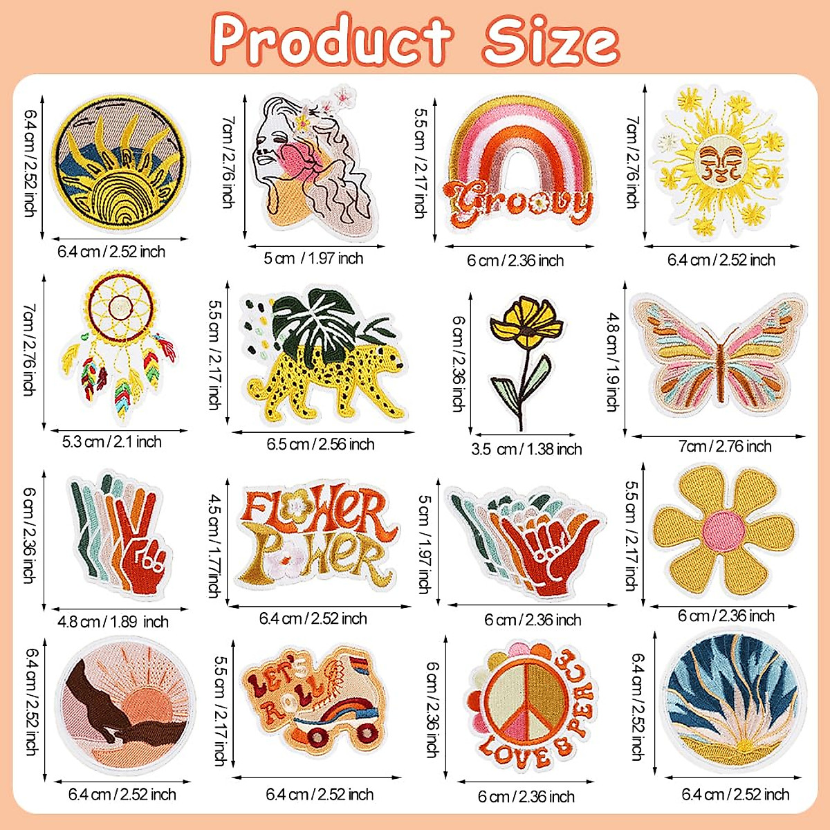 16 Pcs Iron on Patches Vintage Groovy Retro Hippie Patches Boho Embroidered Applique Peace Sign Sew on Patches for Backpacks Clothing Hat Jeans Jacket