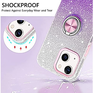 GUAGUA Compatible with iPhone 13 Mini Case 5.4 Inch Glitter Sparkle Bling Cute Cover for Girls Women with Pink Ring Holder Kickstand Shockproof Protective Case for iPhone 13 Mini Gradient Purple