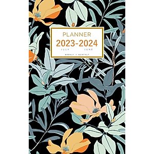 Planner July 2023-2024 June: 5x8 Weekly and Monthly Organizer Small | Trendy Magnolia Blossom Flower Design Black