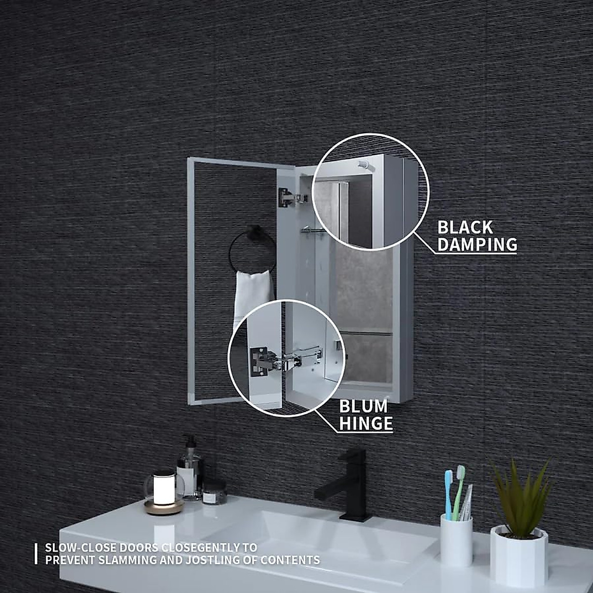 Liviza 12 in.W x 24 in.H Frameless Wall Recessed or Surface-Mount Bathroom Medicine Cabinet with Beveled Single Mirror, Built-in 3-Tier Glass Shelf, Copper-Free Silver Mirror, Silver Aluminum Frame