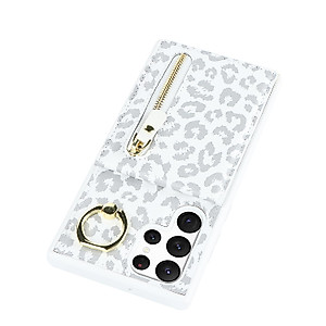 DEYHU Samsung Galaxy S22 Ultra Case with Card Holder for Women, Samsung Galaxy S22 Ultra phone Case Wallet with Credit Card with Ring Kickstand Zipper Shockproof Slim Stand Case - White Leopard