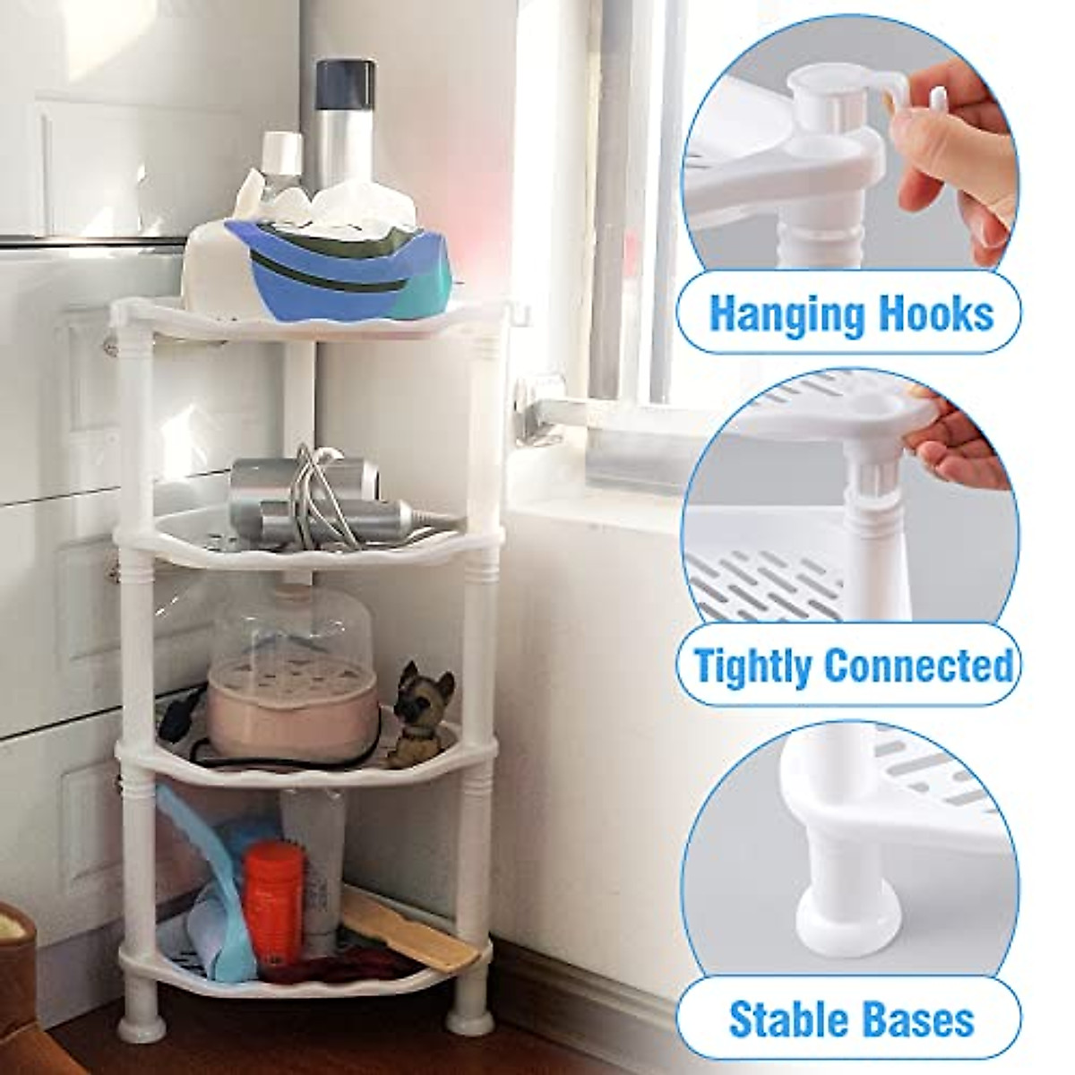 4-Tier Standing Corner Shower Caddy - 4 Shelf Plastic Bathroom Corner Stand with Drainage Holes & Hooks Plastic Shower Organizer Corner Standing Stand Up Bathtub Shower Shelf for Bathroom Living Room