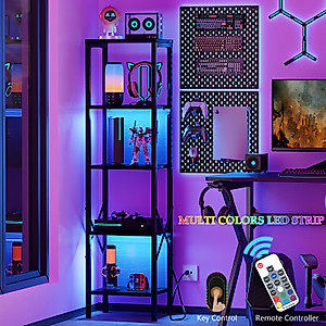 Furologee 5 Tier Book Shelf with LED Light, Tall Display Bookcase with Back, Narrow Industrial Standing Shelving Units, Metal and Wooden Storage Rack for Bedroom, Living Room, Office, Black Oak