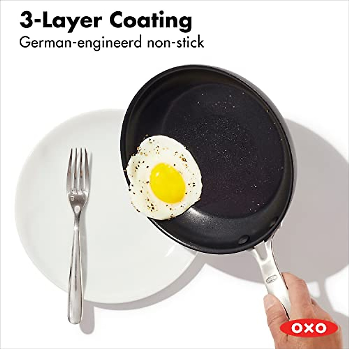 OXO Good Grips Pro, 8" 10" and 12" 3 Piece Frying Pan Skillet Set, 3-Layered German Engineered Nonstick Coating, Stainless Steel Handle, Dishwasher Safe, Oven Safe, Black