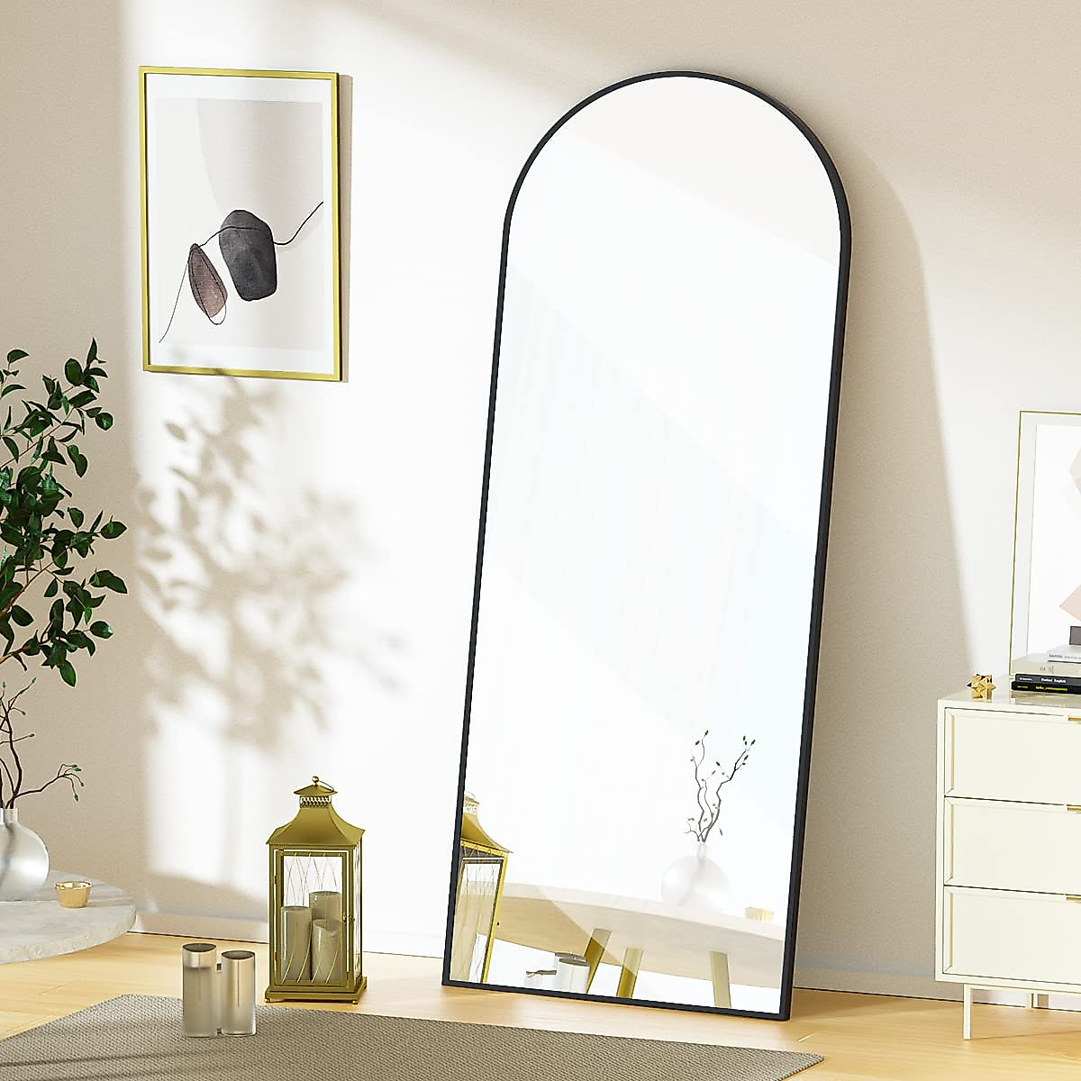 Koonmi Arched Full Length Mirror, 64"x21" Black Standing Hanging or Leaning Full Body Mirror with Aluminum Alloy Frame for Living Room and Bedroom