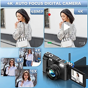 Bioyoak Digital Camera Auto Focus 4K 48MP 60FPS Video Camera 16X Digital Zoom Camera for Photography YouTube Vlogging Compact Camera 32GB Memory Card UV Filter