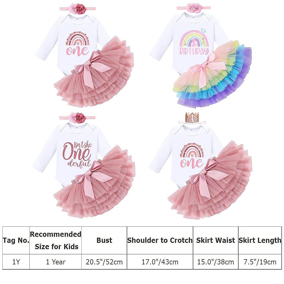 Boho Rainbow First Birthday Outfit Girl Baby Fall Winter 1st Birthday Dress Toddler Long Sleeve Romper Tutu Skirt with Diaper Covers Photoshoot Bohemian Themed Party Supplies Dusty Pink Onederful 1T