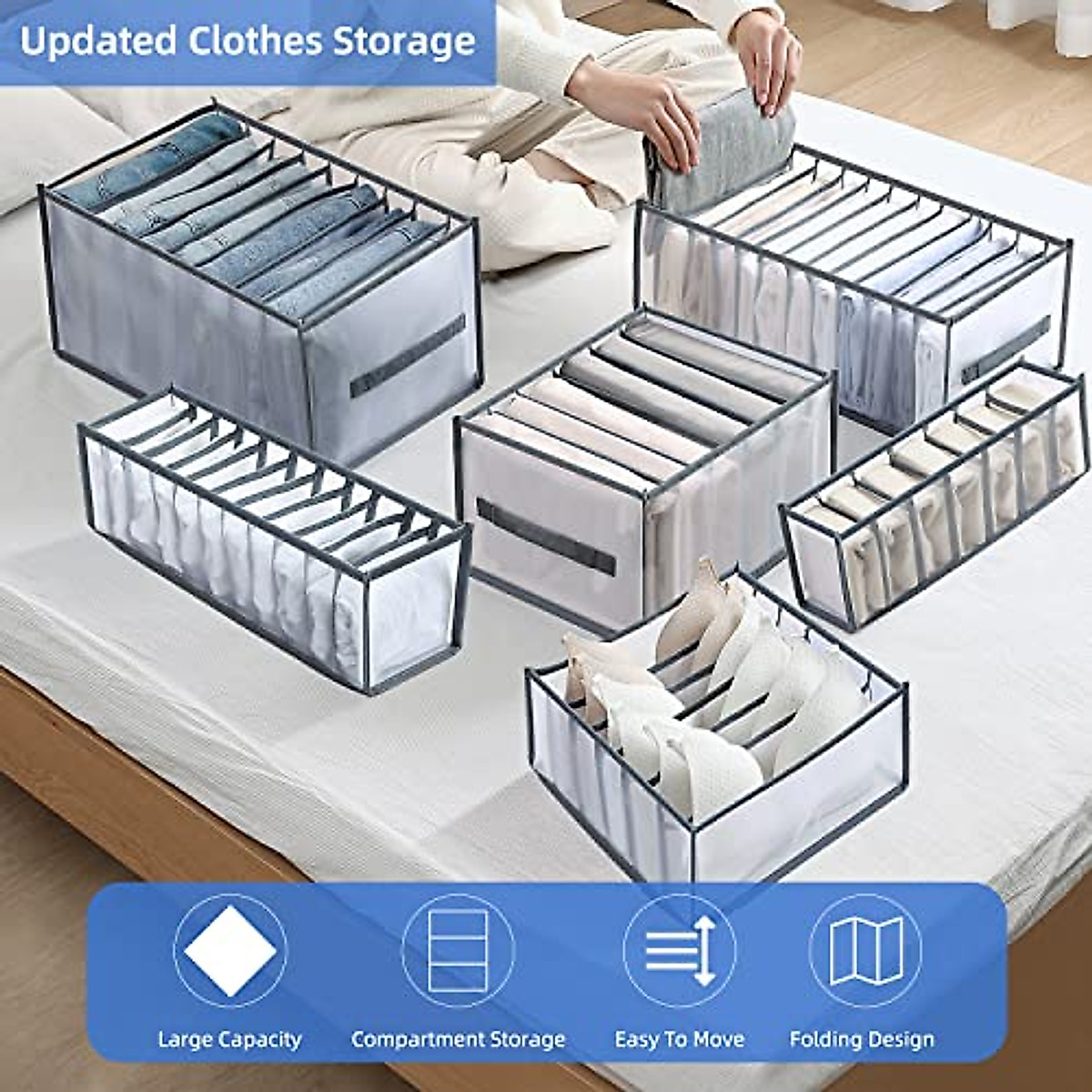 XJJX Closet Organizers and Storage, Draw Clothes Organizer, Jean Organizer for Closet, Wardrobe Closet Organizer for T-Shirts, Pants, Jeans, Bra, Socks, Underwear (3Pack 12Grids+3Pack Bra Socks)
