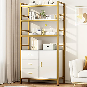 71" Tall Bookshelf with Storage Cabinet, Bookcase with Doors, Inter Adjustable shelf, 3 Wooden Drawers, 4 Tier Open Shelves, Modern Display Rack for Living Room, Kitchen, Home Office, White and Gold