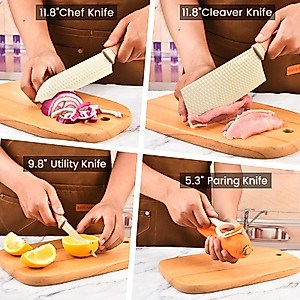 Kitchen Knife Sets, 10-Piece Khaki Sharp Knife Set & Kitchen Utensils Set with Block,Stainless Steel Knife Block Set,Silicone Cooking Utensils Set with Tongs,Utensils Holder for Storing Tools (Khaki)