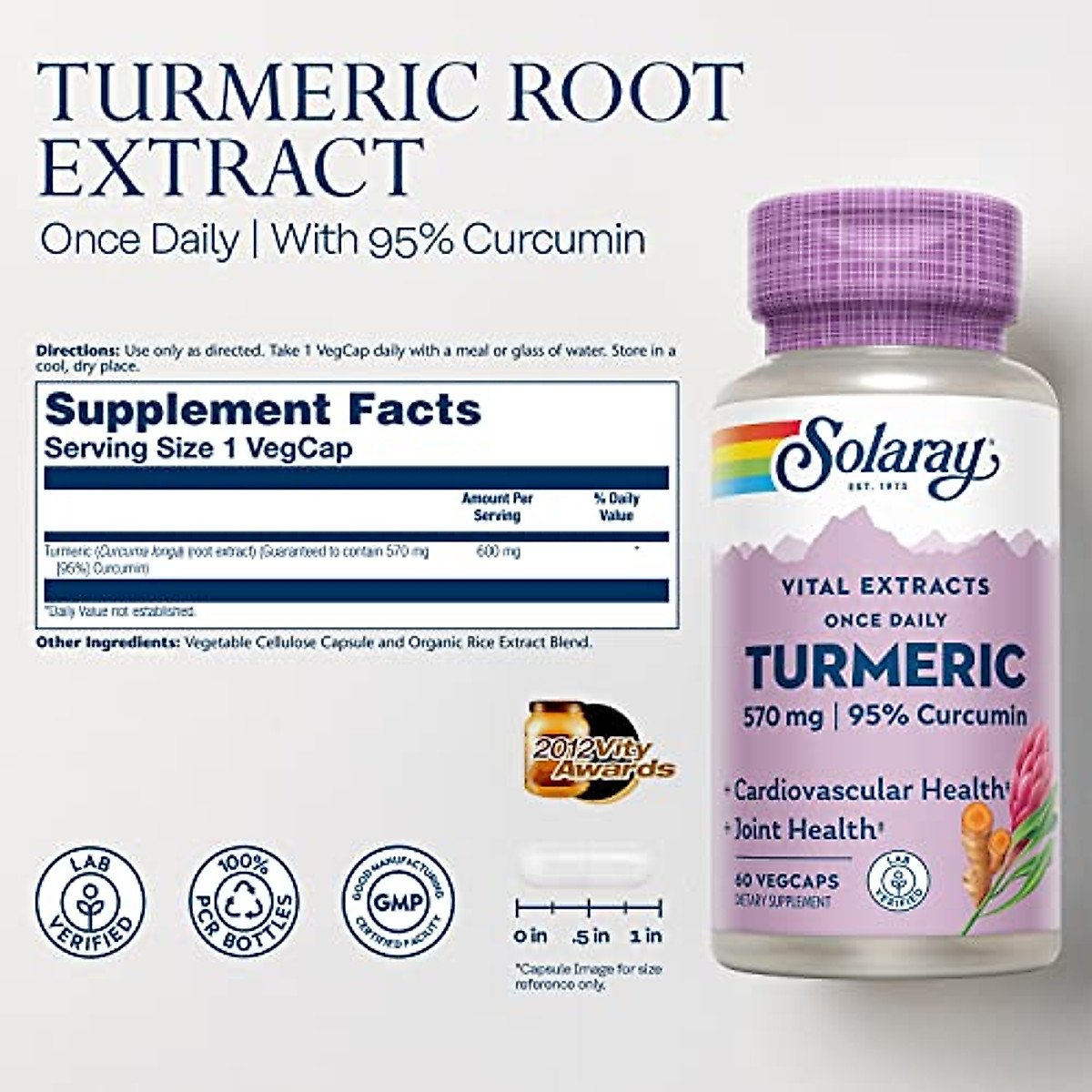 SOLARAY Turmeric Root Extract 600mg | One Daily | Healthy Joints, Cardiovascular System Support | Guaranteed Potency | 60 VegCaps