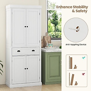 Tangkula 72" H Kitchen Pantry Cupboard Cabinet, Traditional Freestanding Large Tall Storage Cabinet with 2 Cabinets and Drawer, Adjustable Shelves, for Living Room Kitchen, 30 x 16 x 72 Inch