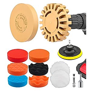 LUCKUT Decal Remover, Adhesive Remover, 13PC Rubber Pin Stripe Removal Tool Kit for Drill for Automotive Car Sticker, Vinyl, Rv, with Polishing Pads, Wool Buffing Pad and Razor Blades
