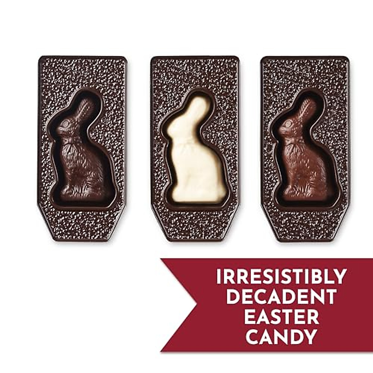 Fannie May, 6 Count Solid Assorted Dark Chocolate, Milk Chocolate and White Confection Bunnies, Easter Basket Stuffers, 3 oz Each