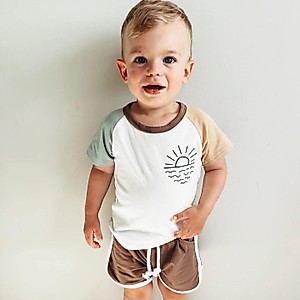 Toddler Baby Girls Boys Summer Clothes Outfit Sun Printed Set Short Sleeve Crewneck T-shirt Patchwork Shorts Set (Green# Khaki, 9-12 Months)