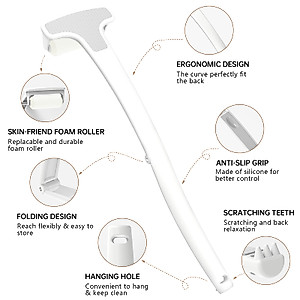 KUMSANITE Lotion Applicator for Back & Body with Folding Curved Long Handle for Any Lotions Sunscreen Cream Medication Ointment for Women Men, 2 Replaceable Foam Rollers with Bracket (White)