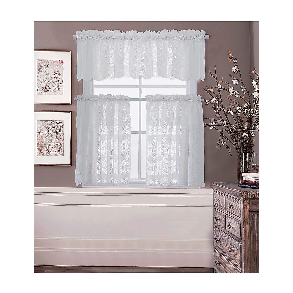 Molaxhome Lace Curtains 29 x 36 inch, 2 Pack White Kitchen Tiers Sheer Rod Pocket Voile for Small Bathroom Window Treatment (29 x 36 inch, White)