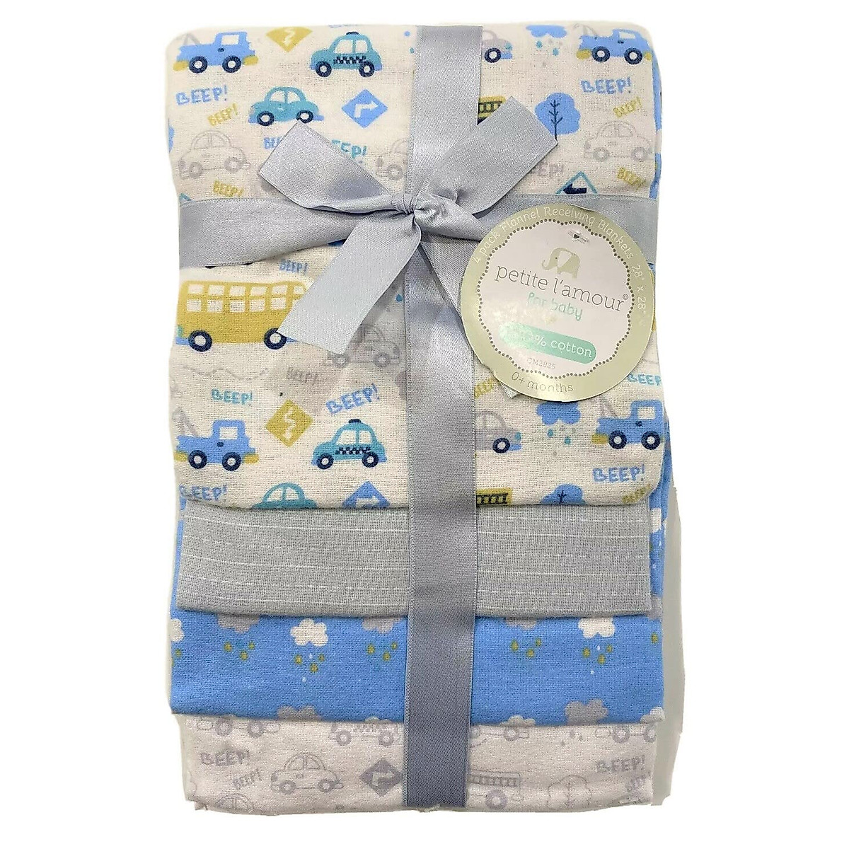 Petite L'amour - 4 Pack Flannel Receiving Blankets - Boys - Cars Trucks Beep, Blue, 28 x 28 inch