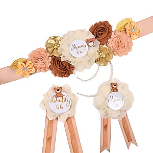 CheeseandU 4Pcs Baby Shower Sash Mommy and Daddy to Be Tinplate Badge, Sunflower Crown Garland Headband Pregnancy Sash Bee Flower Belly Belt Baby Shower Party Decorations for Maternity Gift Favour