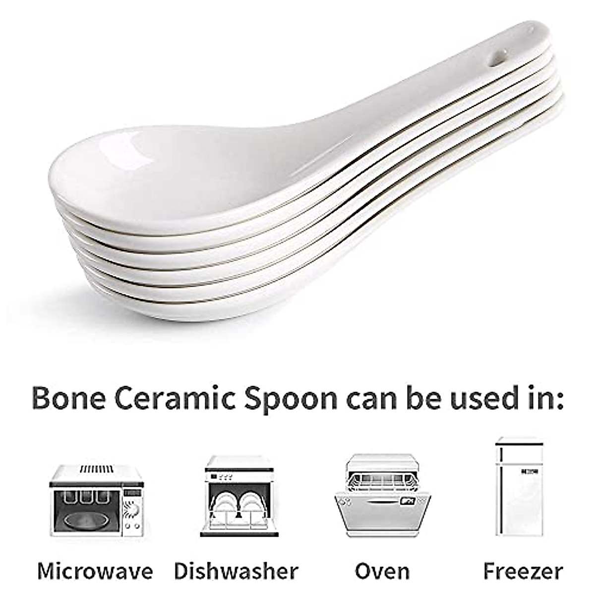 HAPPY KIT 5.3" Asian Soup Spoons Set of 6-White Ceramic Dessert Spoons Ramen Spoons Proper for Corelle Pho Miso Wonton Ramen Dumpling Macaron Dishwasher & Oven Safe