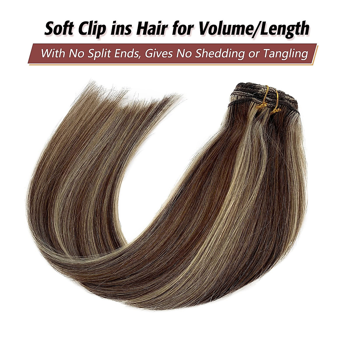 Clip in Hair Extensions Real Human Hair, 15 Inch 7PCS Human Hair Clip in Extensions Brown and Blonde Highlights Thick Full Brown Hair Extensions with Blonde Highlights Clip ins, Lightweight to Wear