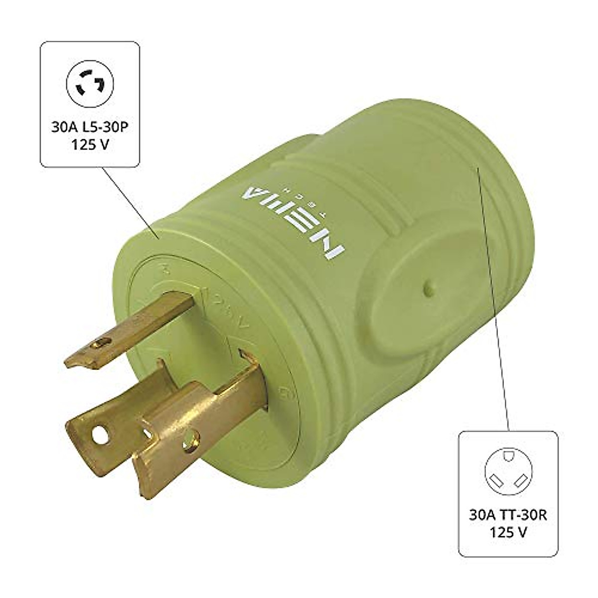 NemaTech NEMA 3-Prong Generator to 30Amp RV Adapter, L5-30P Male to TT-30R Female 30A/30A Compact Locking Generator Converter
